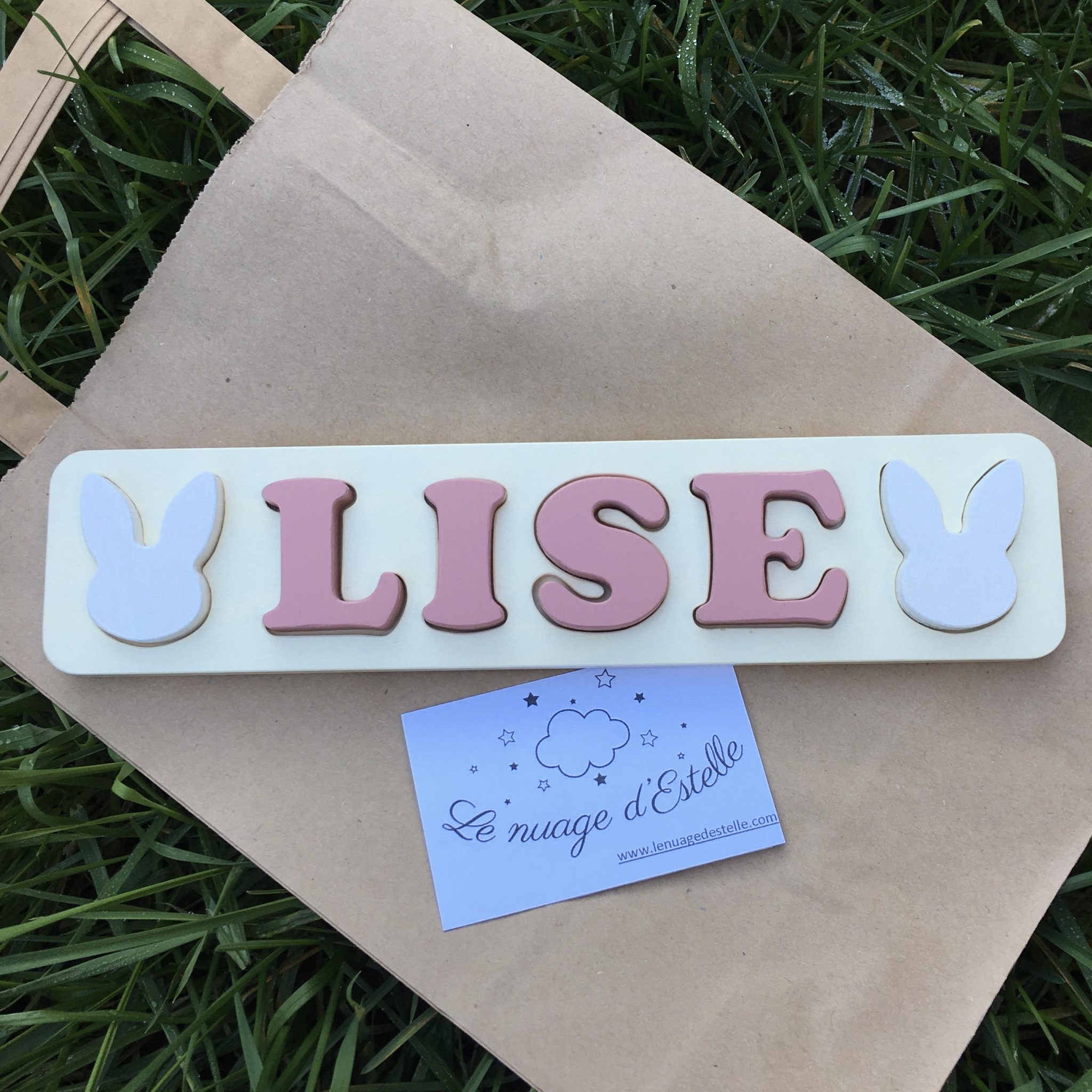 Puzzle prénom lapins bois naturel Le nuage d'Estelle - Le Nuage d'Estelle